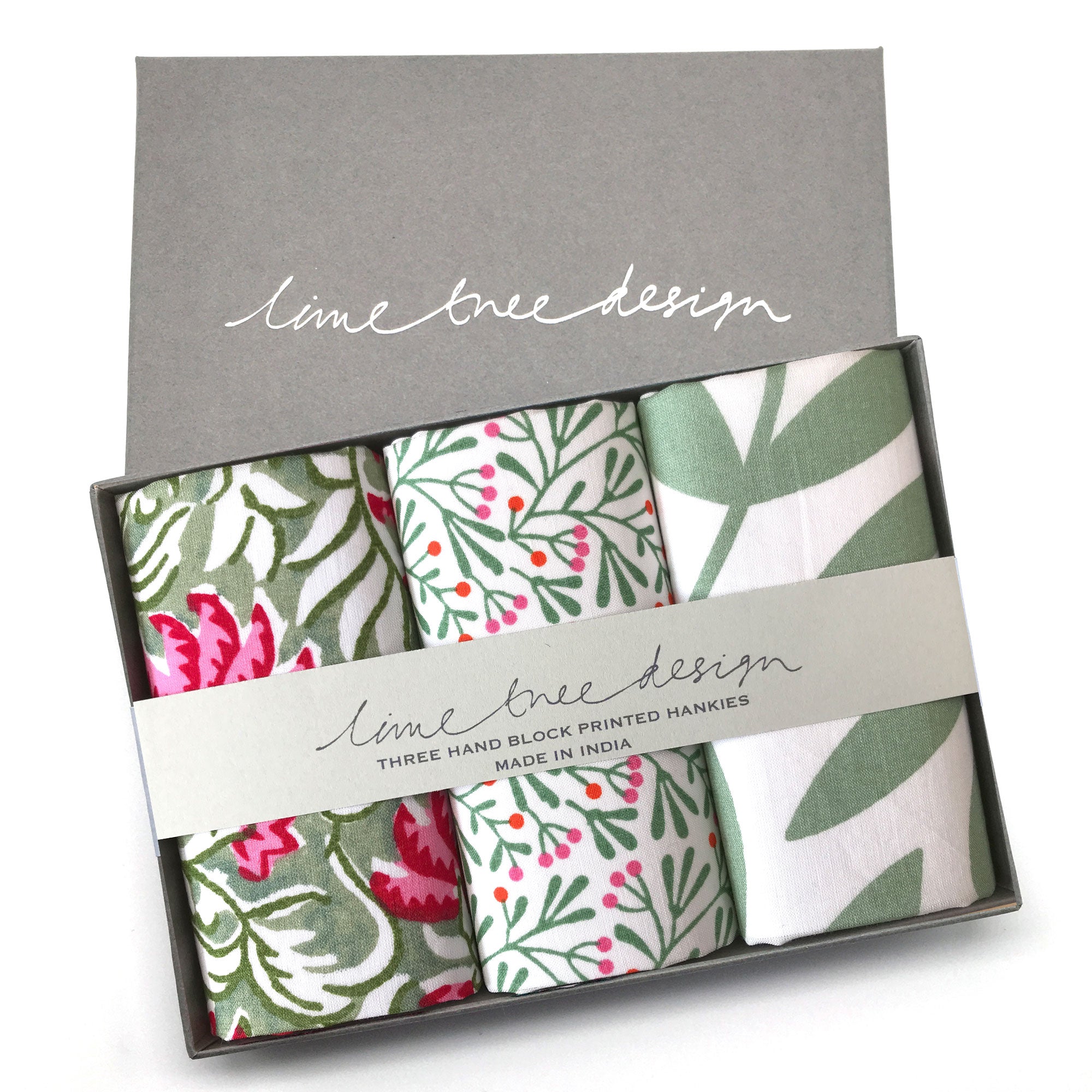 Box of 3 Cotton Hankies - Green & Pink – Lime Tree Collection