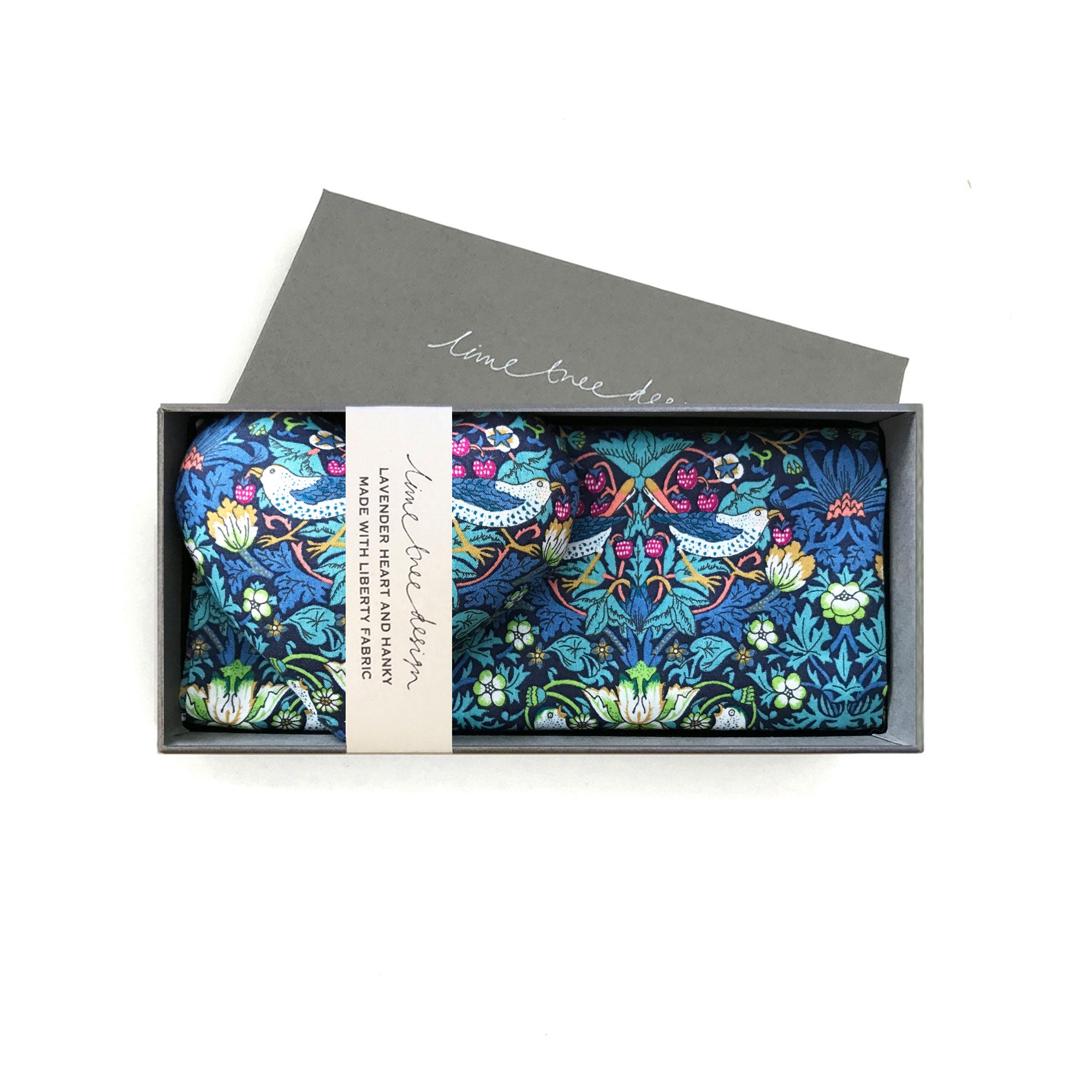 NEW - Box of 1 Lavender Heart & 1 Liberty Hanky - Strawberry Thief Blu ...